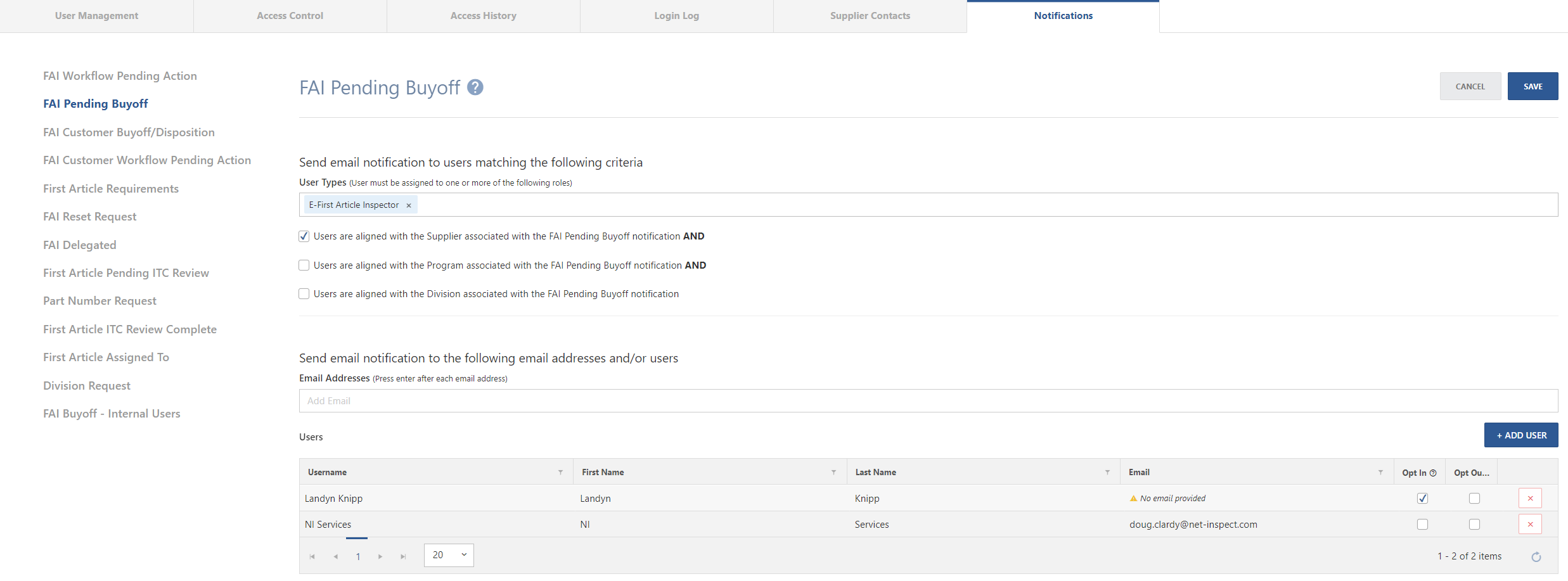 System Default Notification Settings – Net-Inspect
