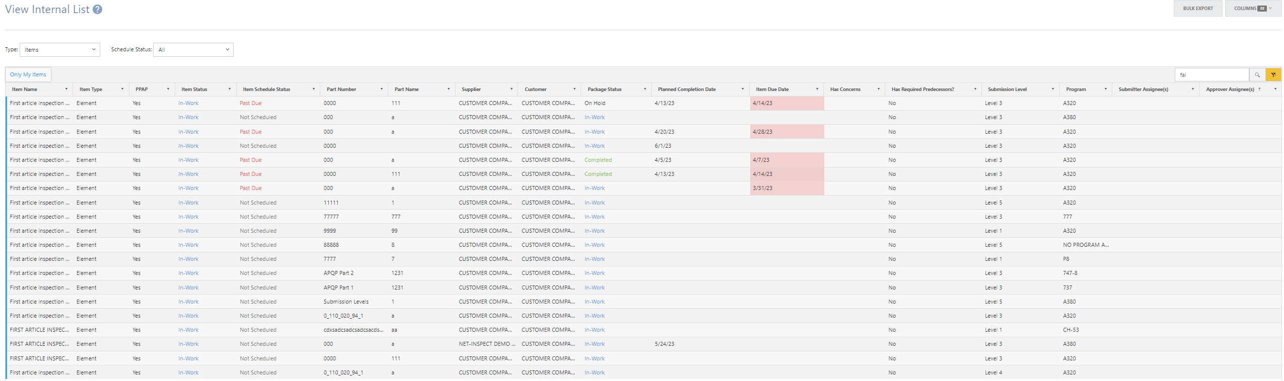 APQP/PPAP: View Internal Items – Net-Inspect