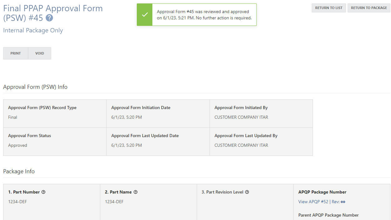 APQP/PPAP: Final PPAP Approval Form (PSW) – Net-Inspect